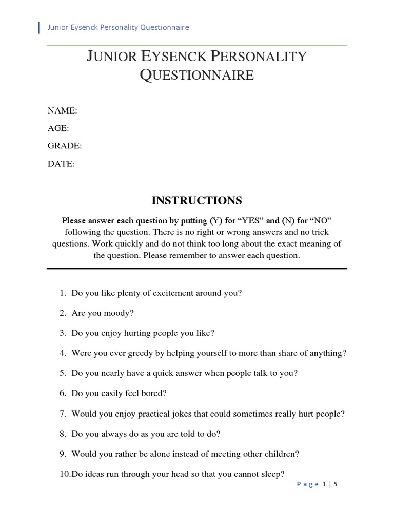 Junior Eysenck Personality Questionnaire | PDF