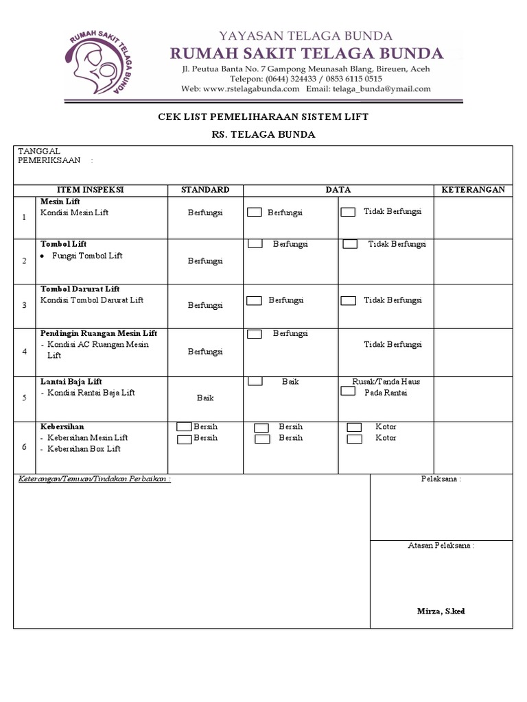 Form Ceklis Pemeliharaan Sistem Lift | PDF