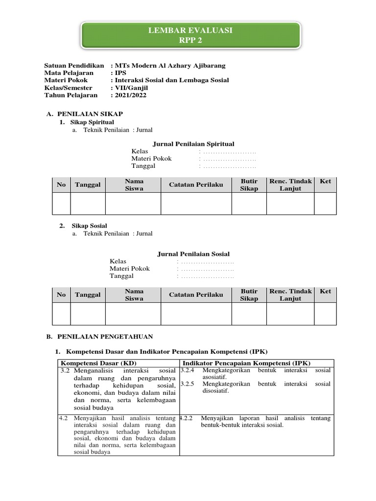 Lembar Evaluasi RPP 2 PDF | PDF