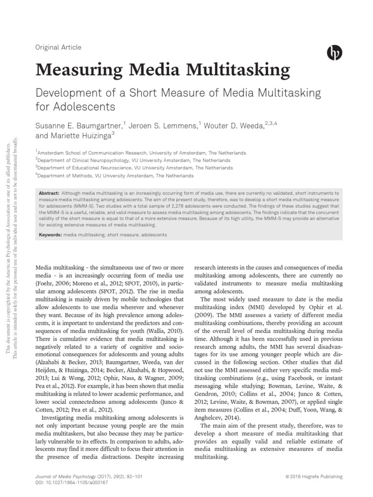 Baumgartner, Lemmens, Weeda Huizinga (2017) - Measuring Media Multitasking PDF | PDF