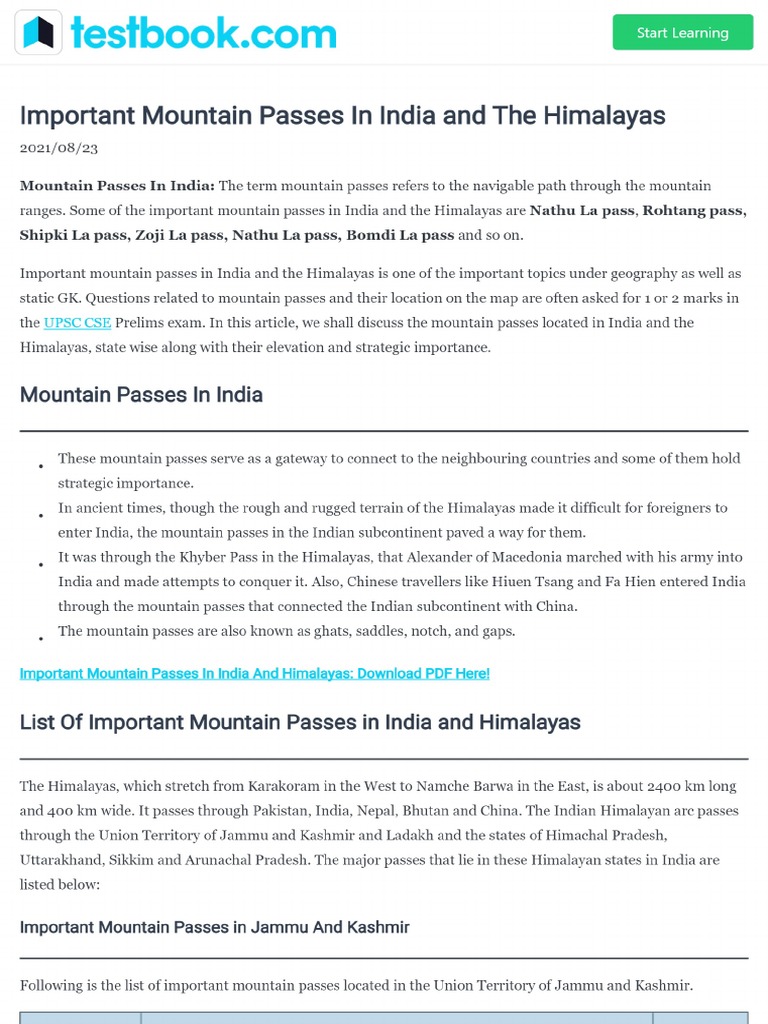 Important Mountain Passes in India E8f1e499 PDF | PDF