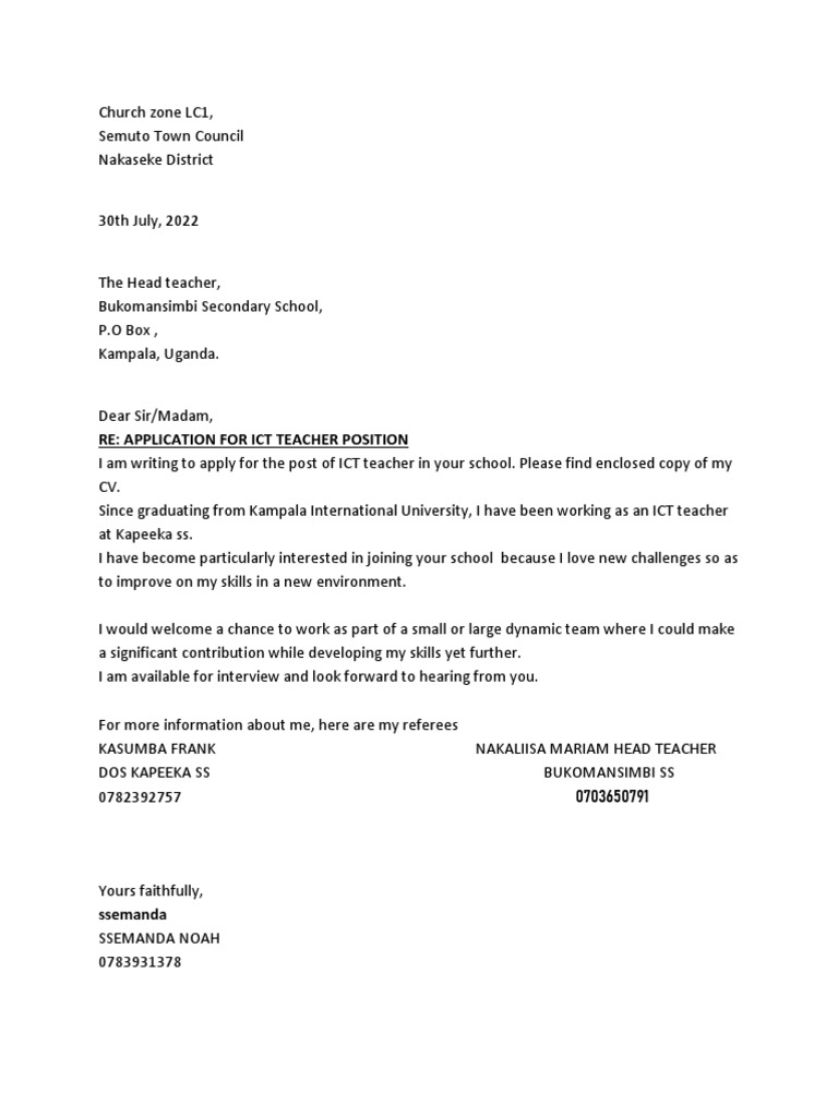 ICT Teacher Application Letter | PDF