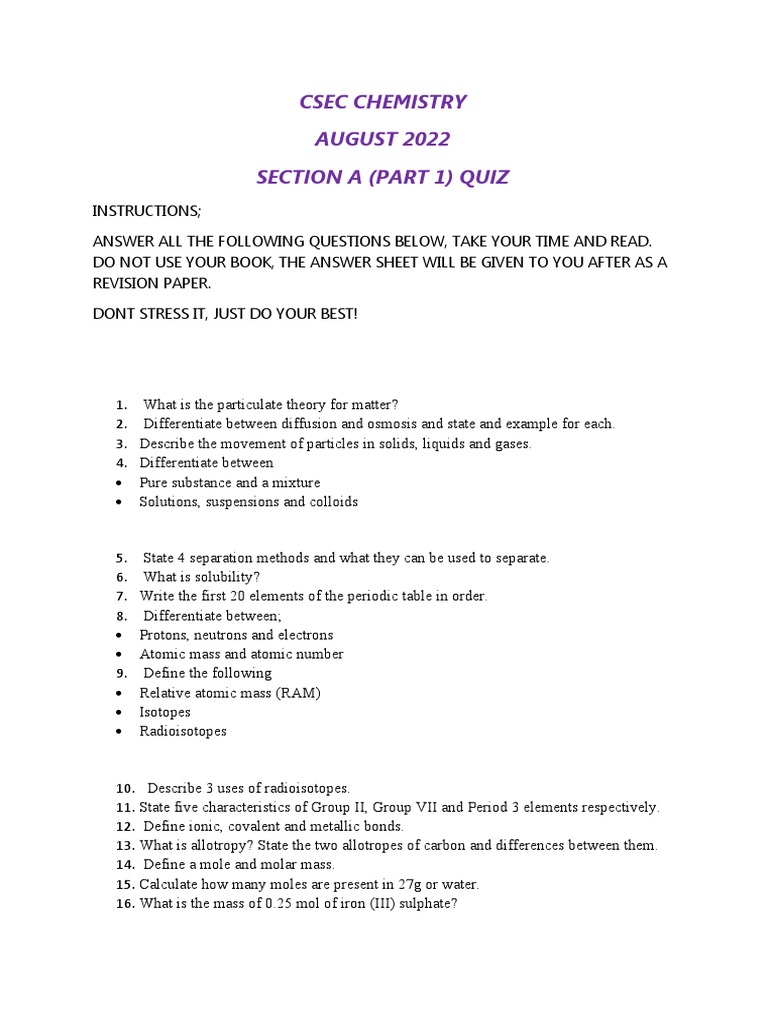 Csec Chemistry Section A (Part 1) Quiz | PDF