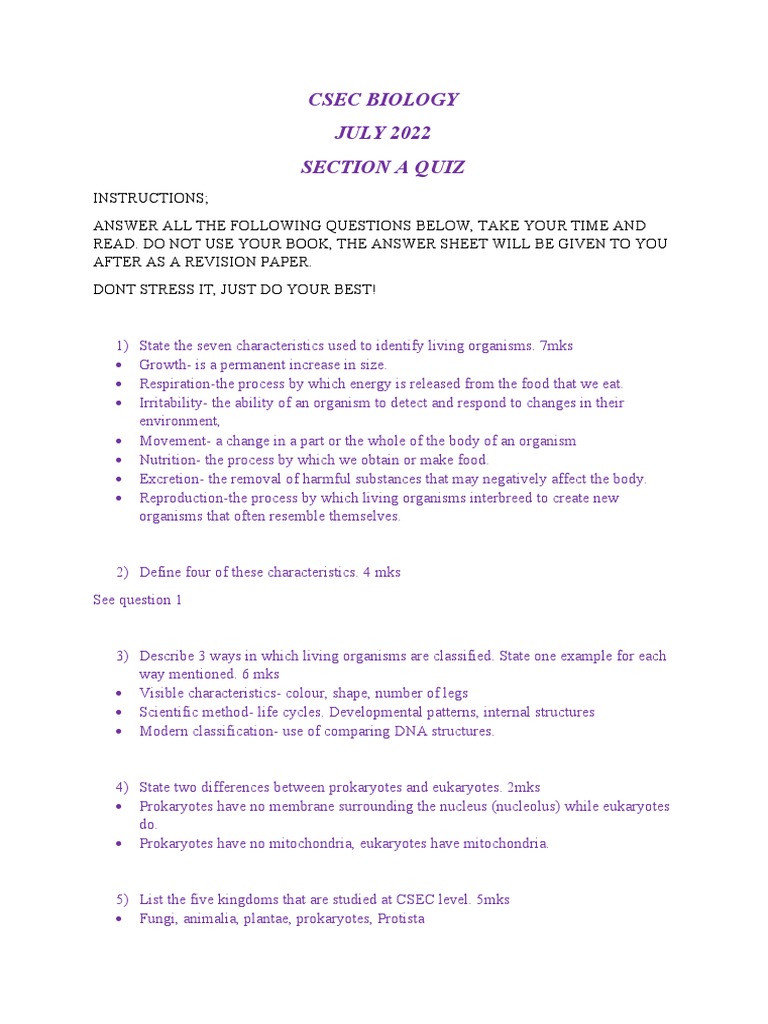 CSEC Biology Quiz July 2022 | PDF