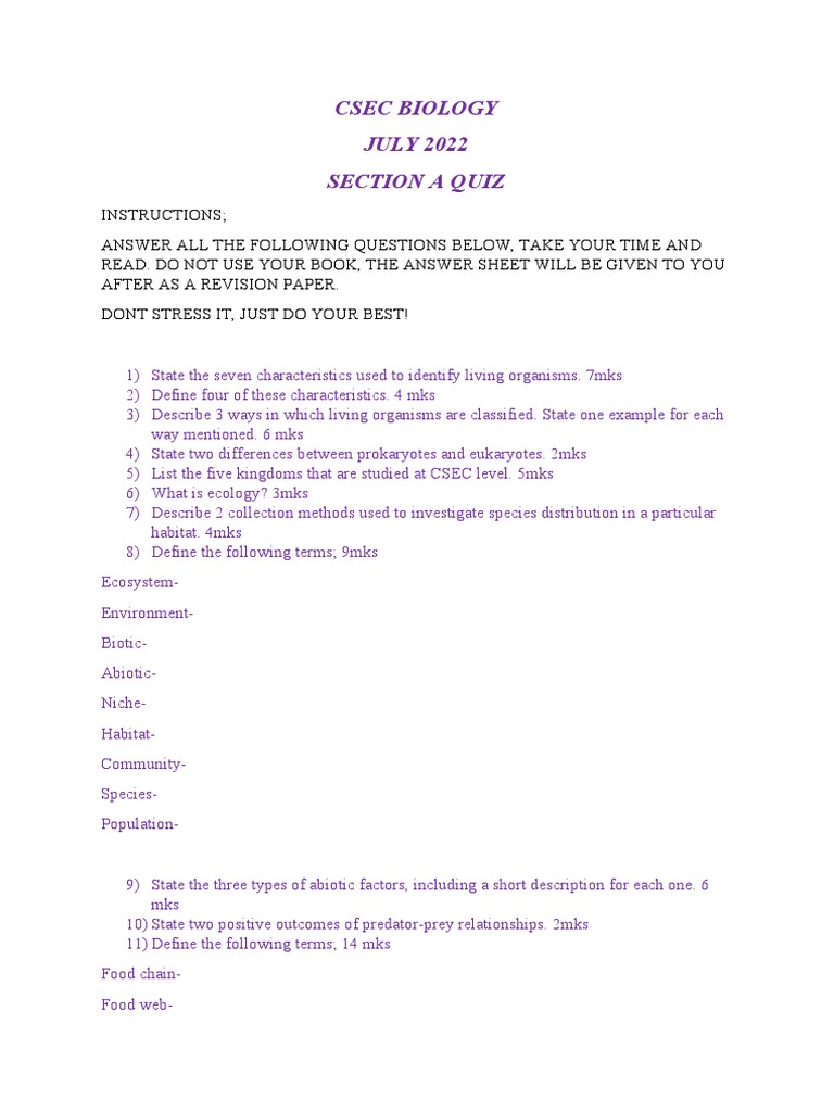 CSEC Biology Quiz July 2022 | PDF