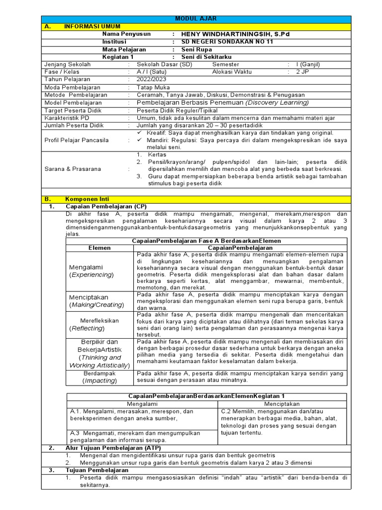 RPP Seni Rupa KLS I SMS 1 | PDF