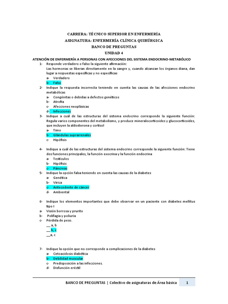 BANCO DE PREGUNTAS - UNIDAD 4 ENFERMERIA CLINICA QUIRURGICA.docx | PDF