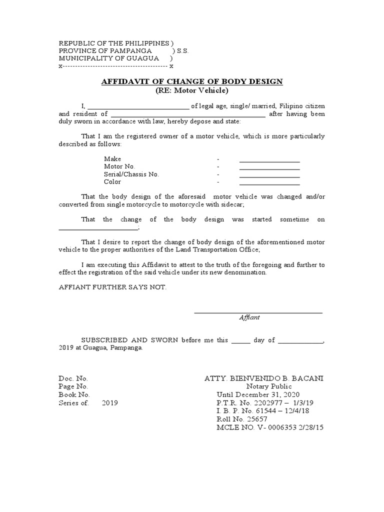Affidavit of Change of Body Design New | PDF