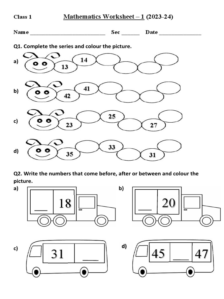 Class 1 Mathematics Worksheet 1 (2023-24) (1) | PDF