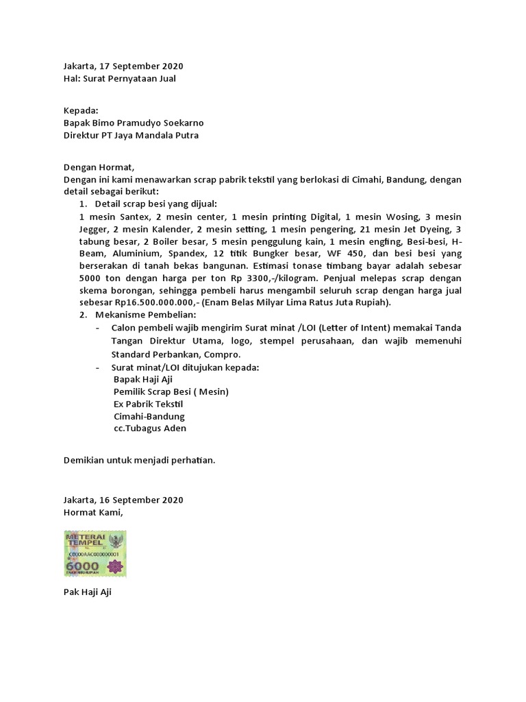 Surat Pernyataan Jual Scrap Pabrik.docx | PDF