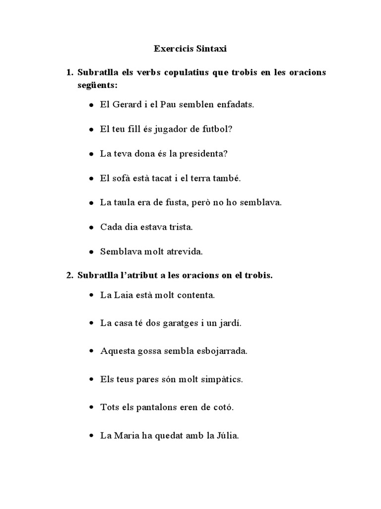 Exercicis Sintaxi (Atribut, C.Pred, Subjecte, CD, CI) | PDF
