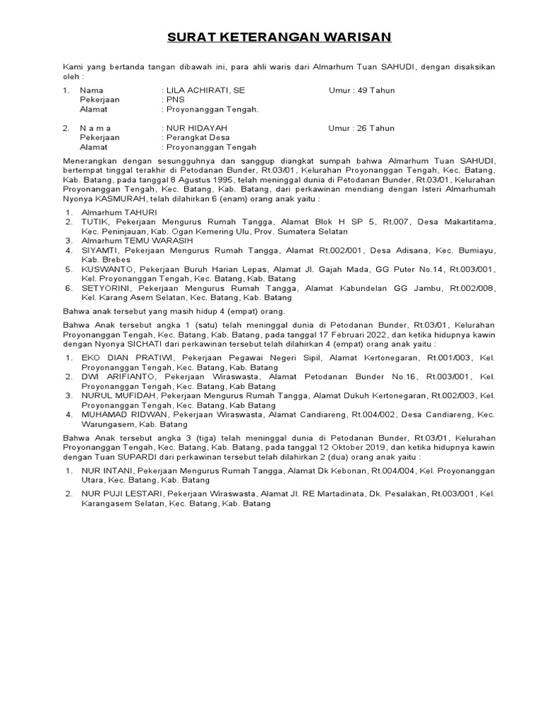 Contoh Surat Waris | PDF