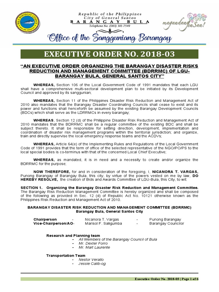 Executive Order No 2018-03 - BDRRMC | PDF