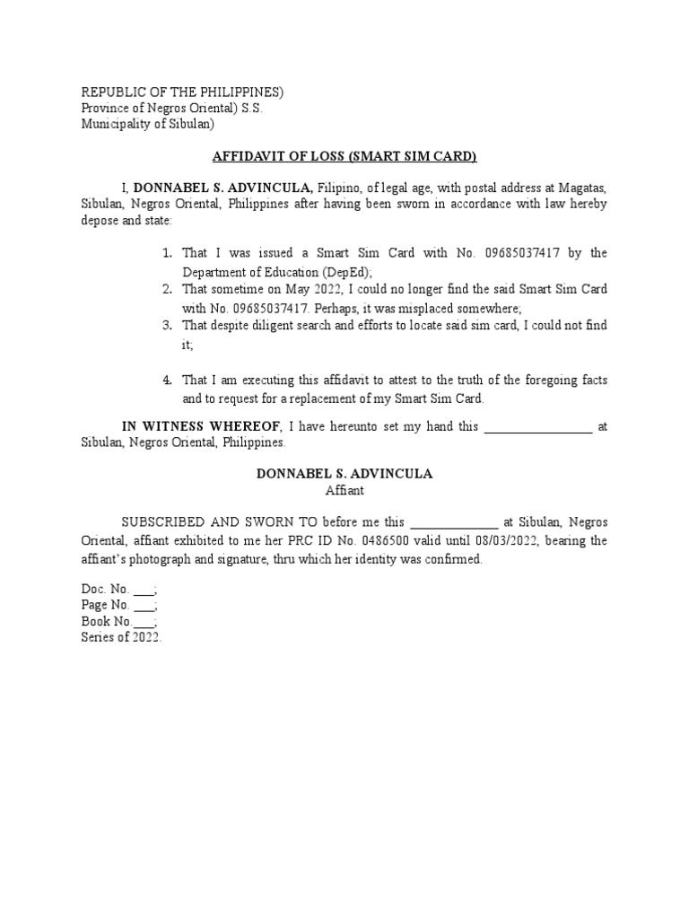 Affidavit of Loss for Smart SIM Card | PDF
