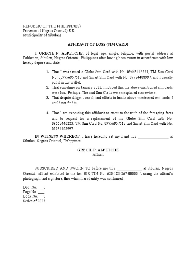 310019326-Affidavit-Of-Loss-Sim-Card - GRECIL P. ALPETCHE | PDF