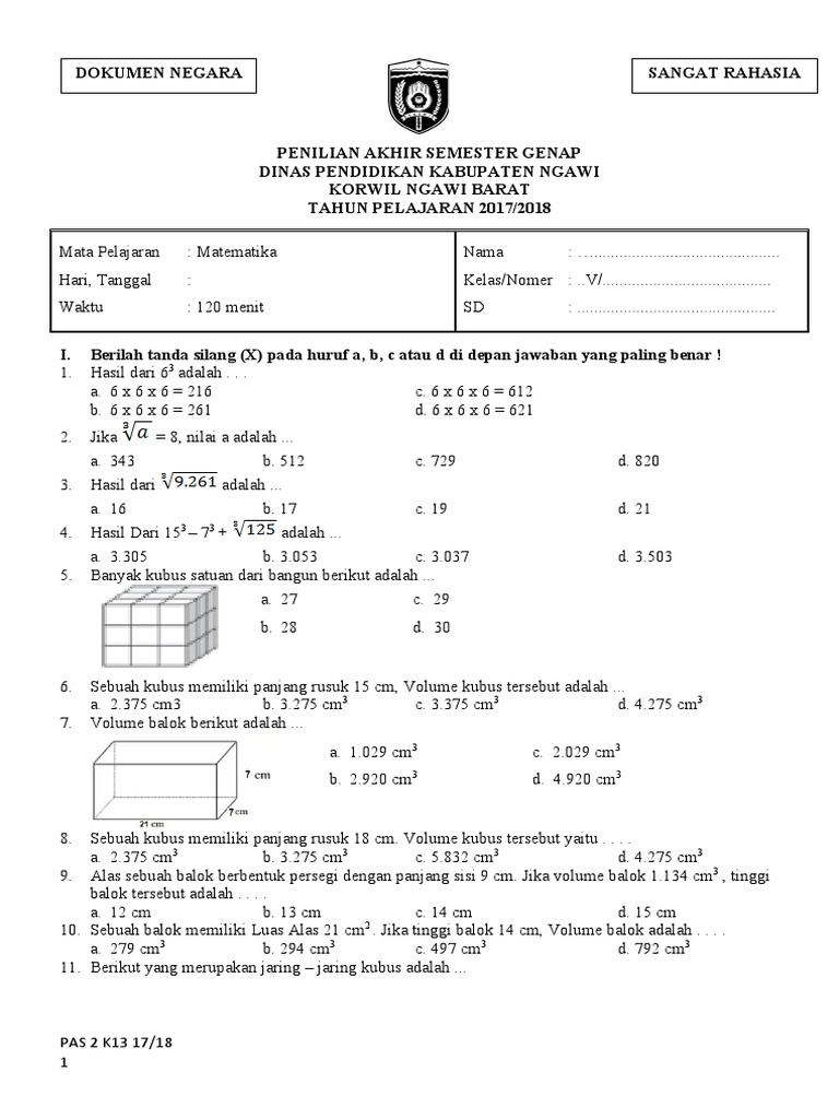 Soal PAS K13 Mtk kls 5.doc | PDF