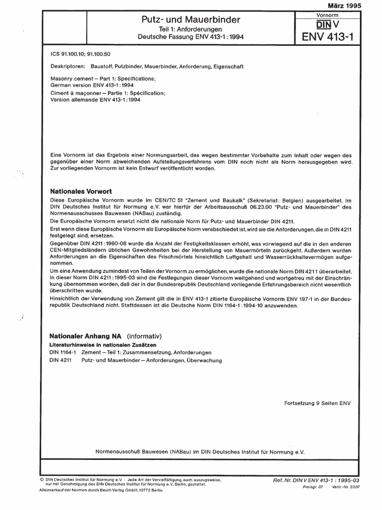 Din V Env 413-1 1995-03 | PDF