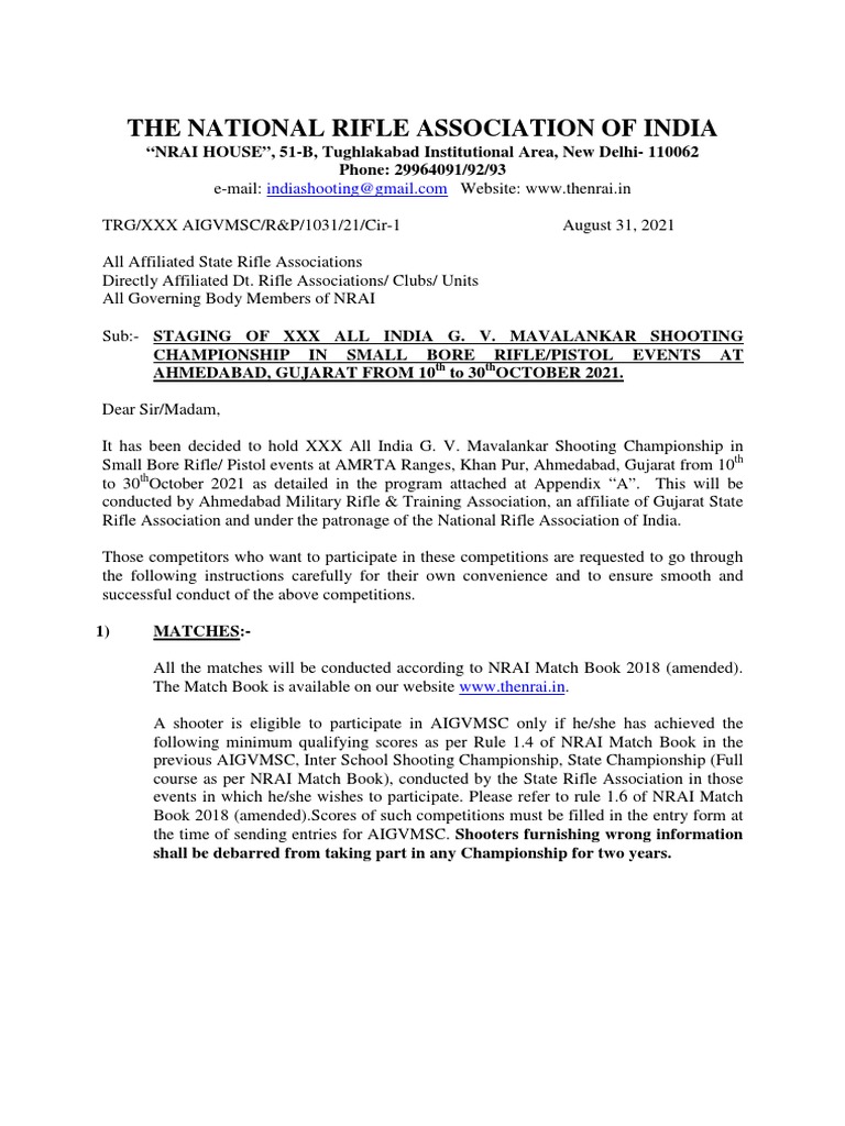 G.V. Mavalankar Shooting Championship 2021 | PDF | Fee | Rifle