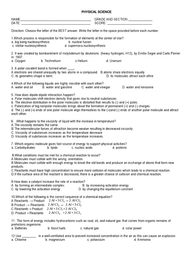 Physical Science - 3rd Periodical Test Using SOLO - KEY 1 | PDF