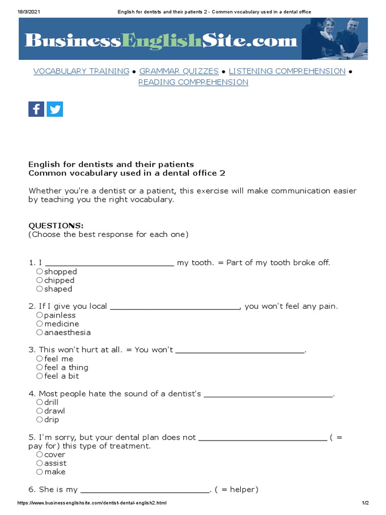 English For Dentists and Their Patients 2 - Common Vocabulary Used in A ...