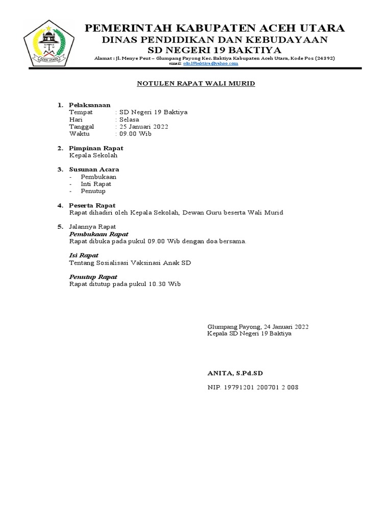 Berita Acara Atau Notulen Rapat Wali Murid SD | PDF