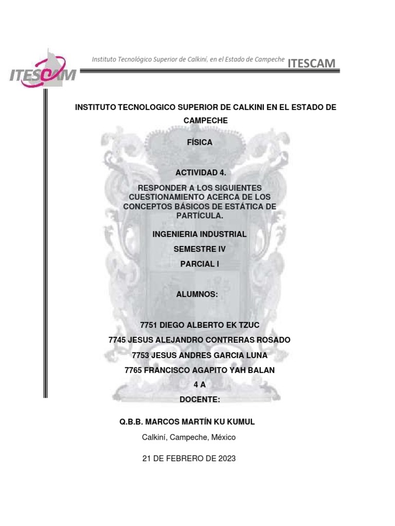 Tarea # 4. Conceptos Básicos de Estática de Partícula PDF | PDF