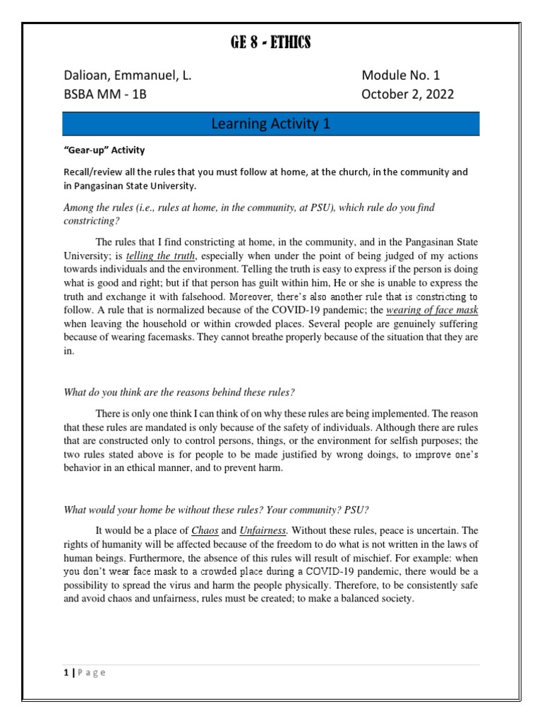 Ge 8 Ethics - Module 1 Activities PDF | PDF