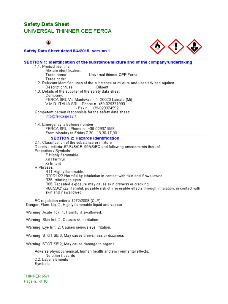 FERCA NITRO UNIVERSAL THINNER CEE ENG MSDS.docx | PDF