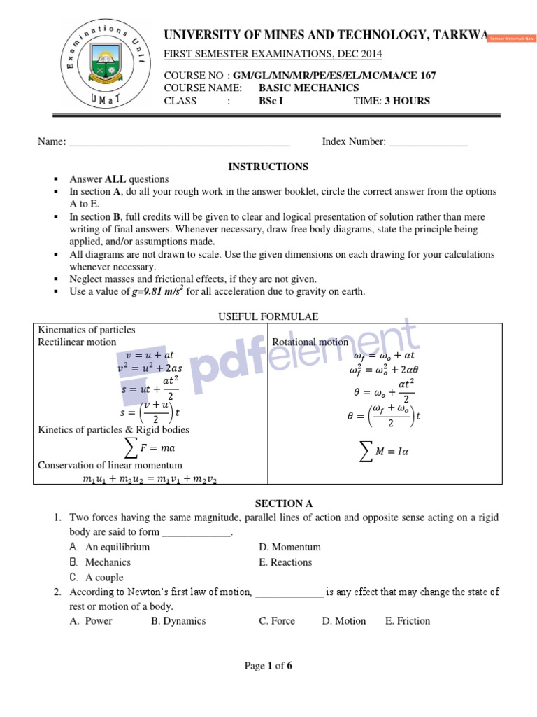 Exams 2014 - Basic Mechanics | PDF