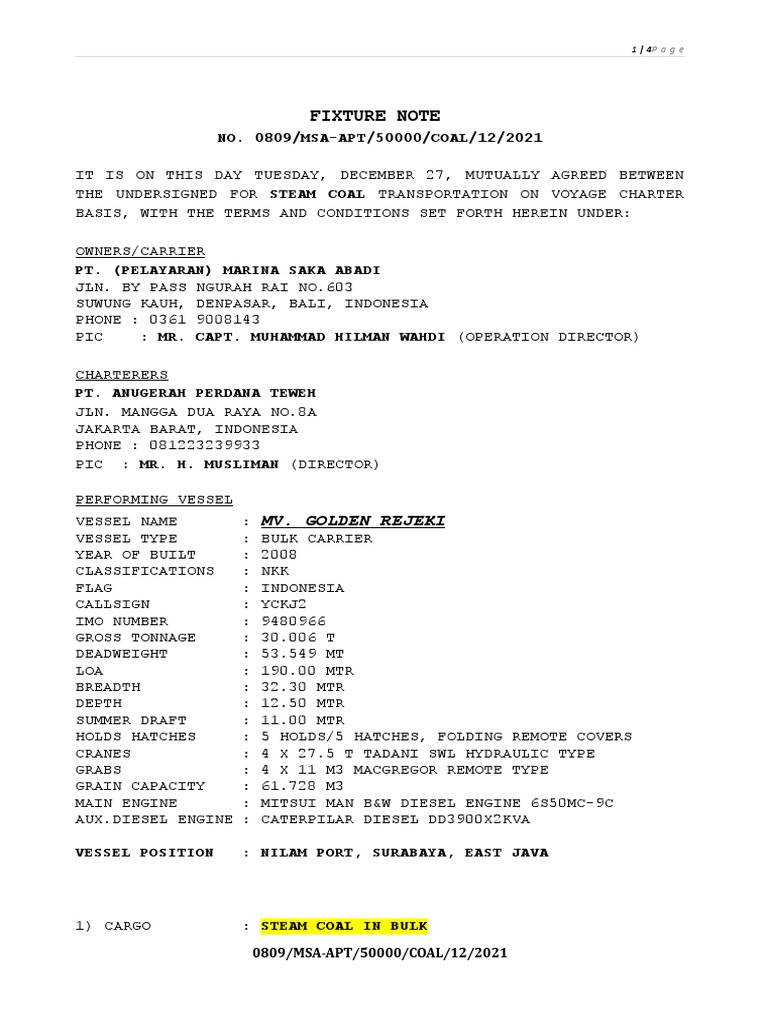 Fixture Note PT MSA-PT Anugerah Perdana MV GOLDEN REJEKI | PDF | Cargo | Shipping