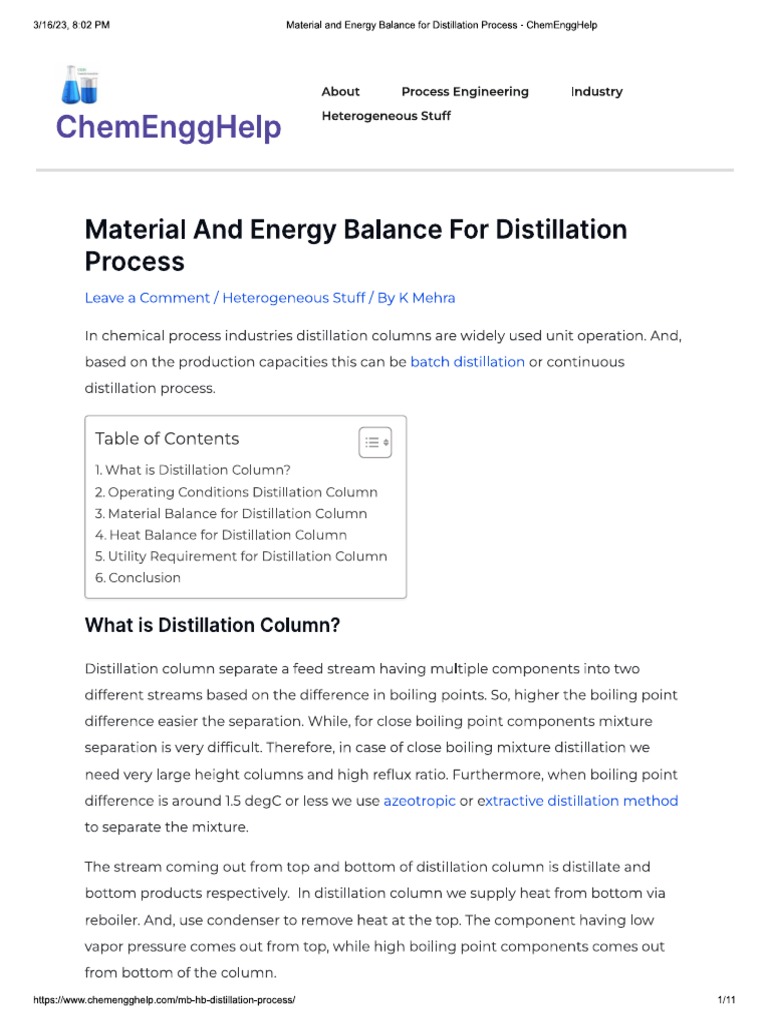 Column Mass and Energy Balance PDF | PDF