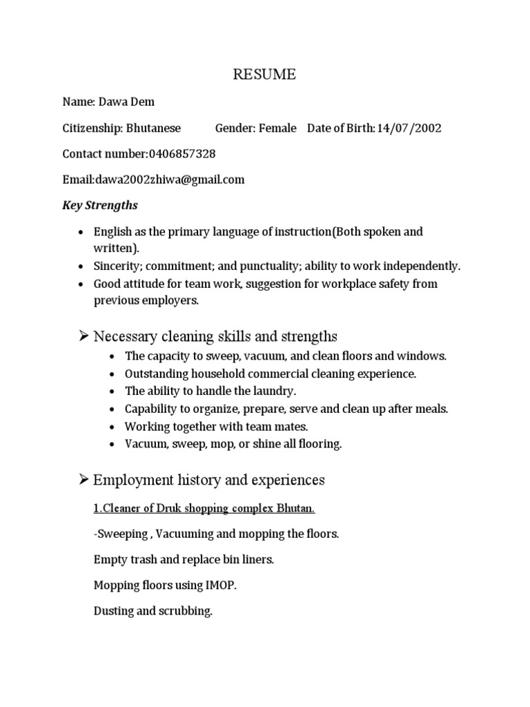 Hospital Cleaner Resume of Dawa Dem | PDF