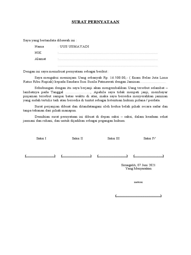 SURAT PERNYATAAN PINJAMAN UANG.docx | PDF