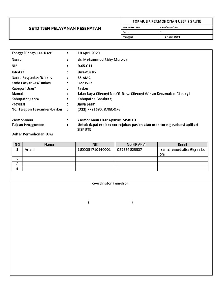 CONTOH Form Permohonan User SISRUTE 2023 (1) | PDF