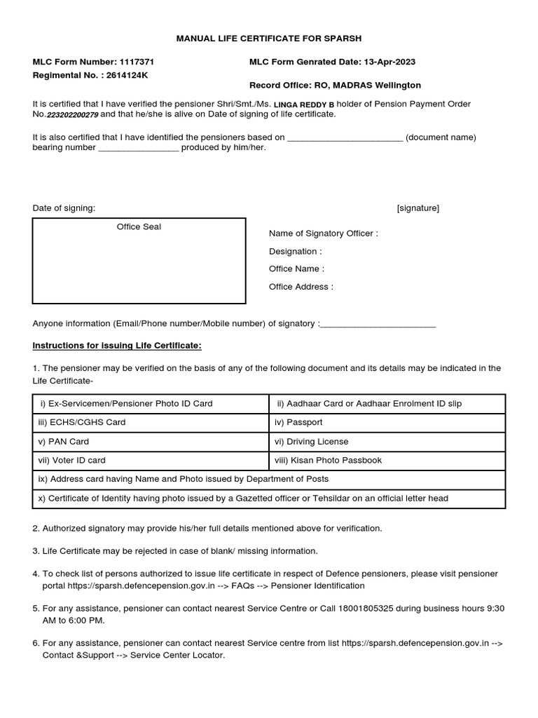 Manual Life Certificate Instructions for Sparsh | PDF
