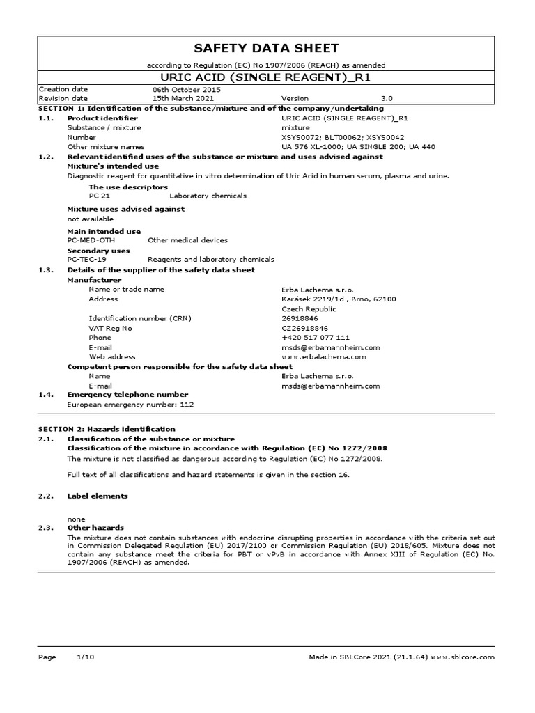 MSDS URIC ACID (SINGLE REAGENT) - R1-LwLf3aNfHy PDF | PDF