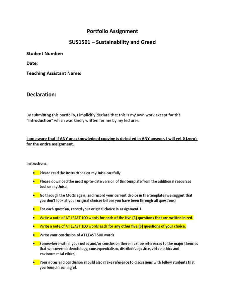 Portfolio Assignment SUS1501 - Sustainability and Greed: Student Number ...