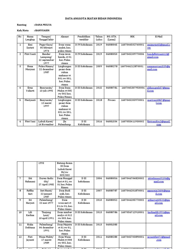 Data Anggota Ikatan Bidan Indonesia | PDF