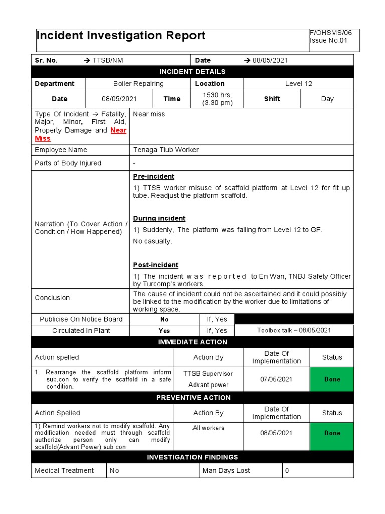 Scaffold Modification Near Miss Report | PDF | Occupational Safety And ...