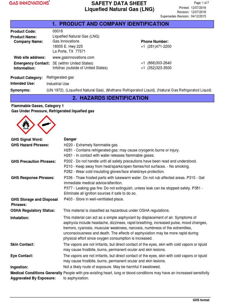 Gas Innovations Liquefied Natural Gas LNG SDS 12.07.2018 1 PDF | PDF ...