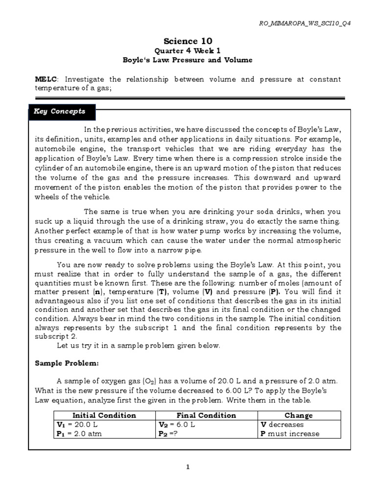 Science10 - Q4 - Week 1 Boyles Law | PDF