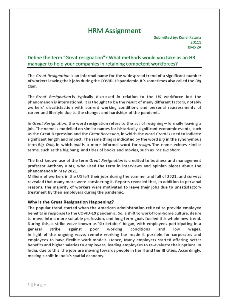 HRM Assignment Kunal Kataria 20111 PDF | PDF | Employment | Employee ...