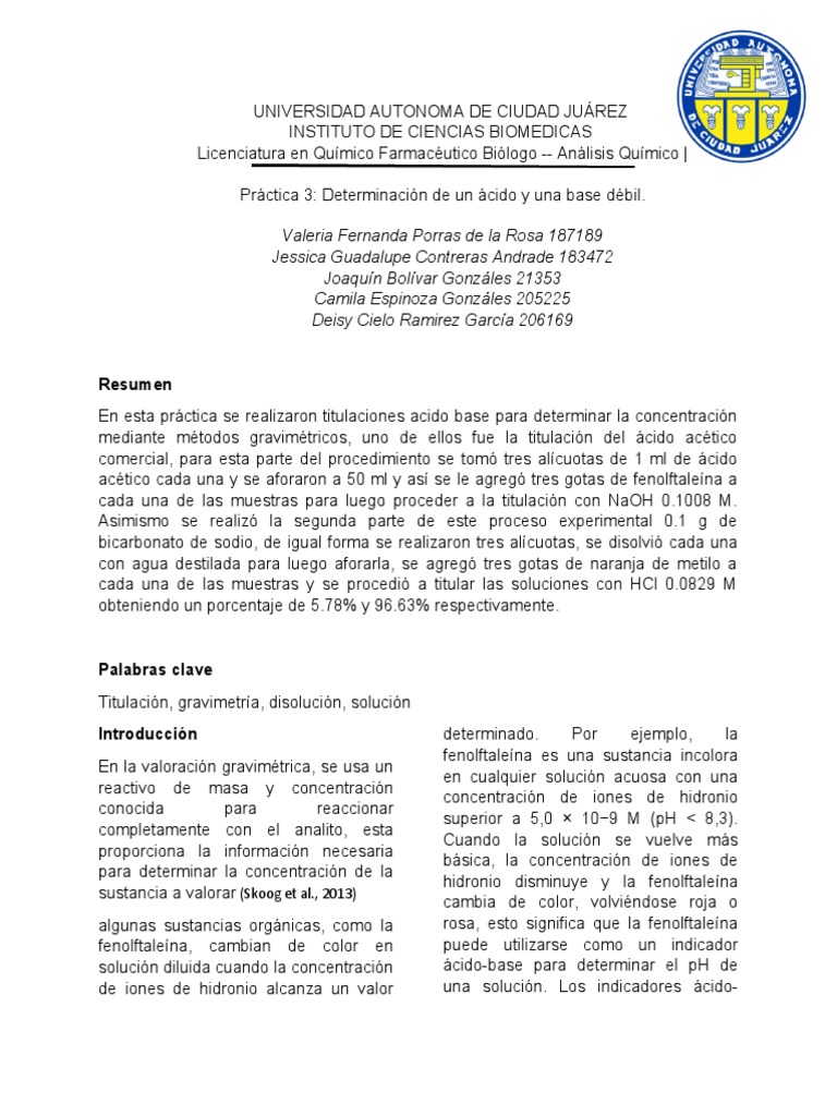 Práctica-3 Determinación de Un Ácido y Una Base Débil | PDF | Química ...