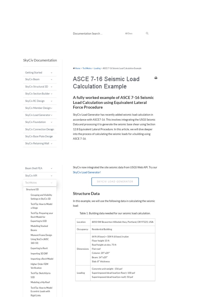 ASCE 7-16 Seismic Load Calculation Example - SkyCiv Engineering PDF | PDF