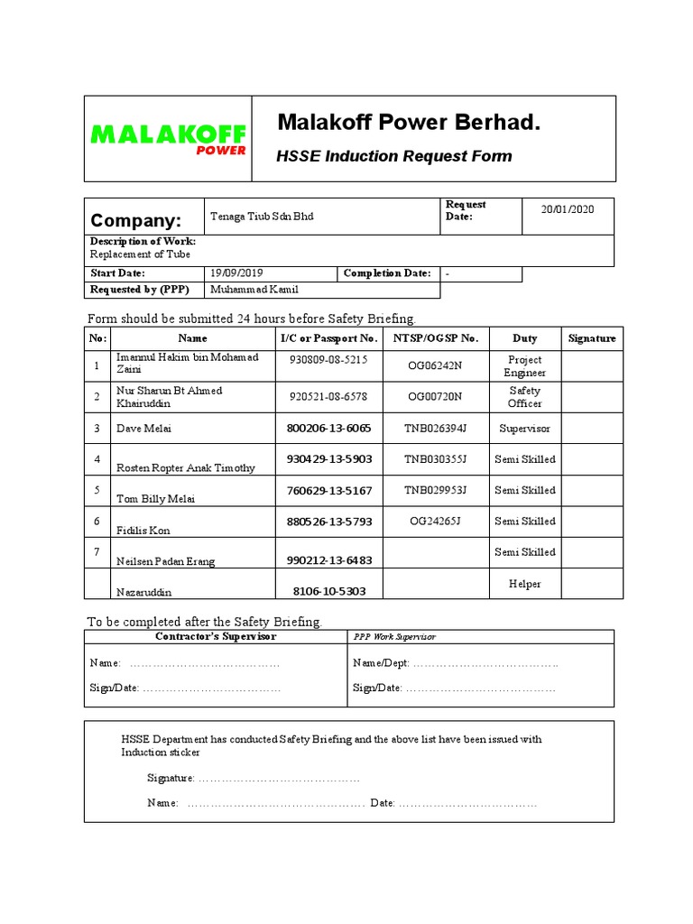 Prai HSSE Induction Request Form.doc | PDF