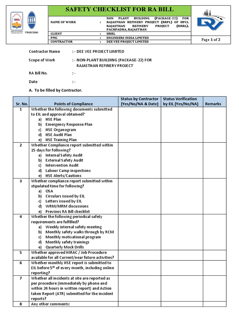 RA Bill Safety Compliance Checklist | PDF | Audit | Business