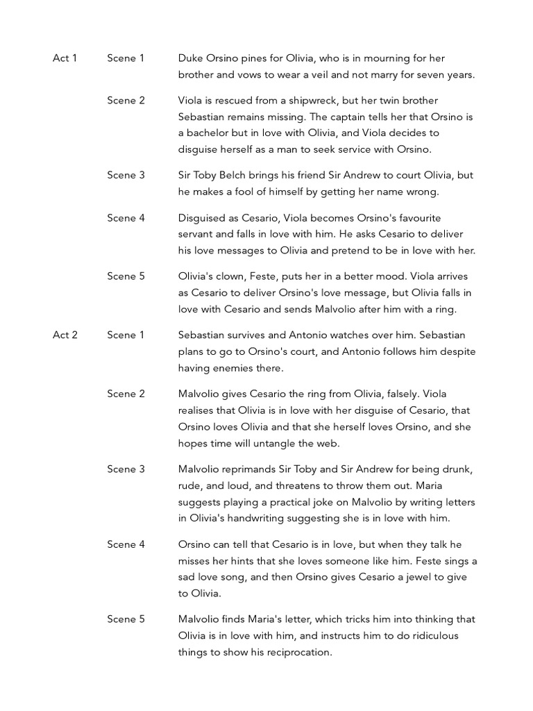 English - Twelfth Night (Scene Act Summary) | Download Free PDF ...