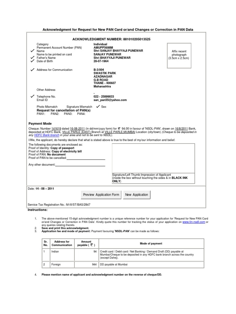Acknowledgment for Request for New PAN Card Or | Cheque | Payments ...