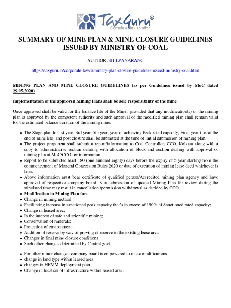 Summary of Mine Plan & Mine Closure Guidelines Issued by Ministry of ...