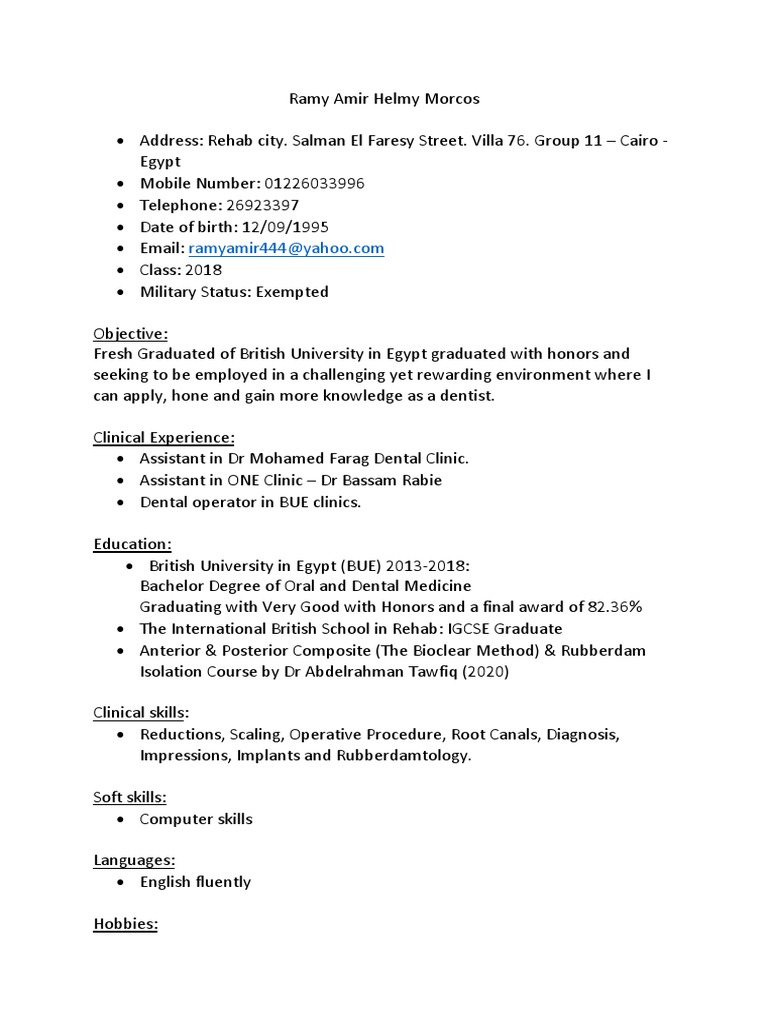 Dentist Resume: Ramy Amir Helmy Morcos | PDF